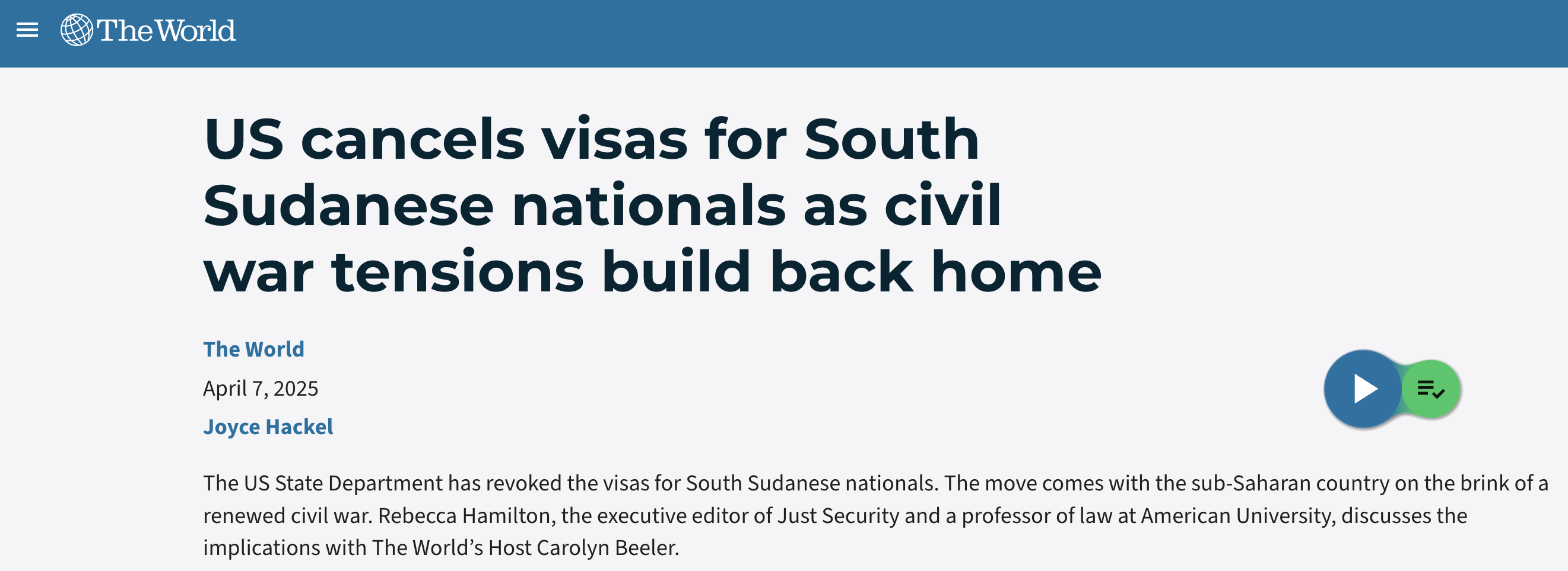 Executive Editor Hamilton on PRX The World re South Sudan - Just Security